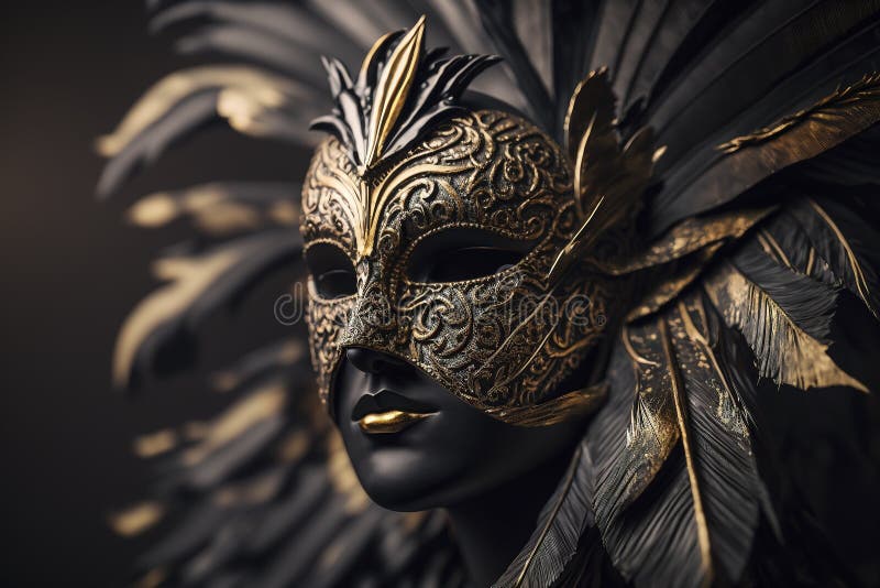 A Beautiful Mask of Black and Gold Color with Beautiful Feathers Stock ...
