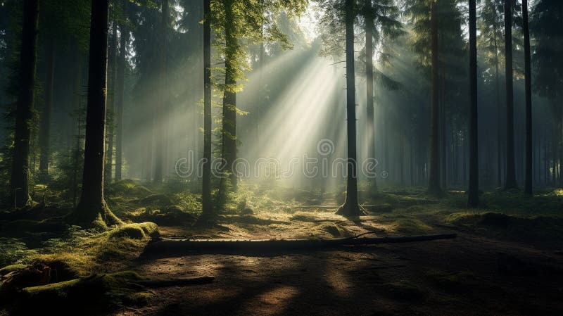 Beautiful Matinee Misty Forest in the Rays of the Rising Sun Stock ...