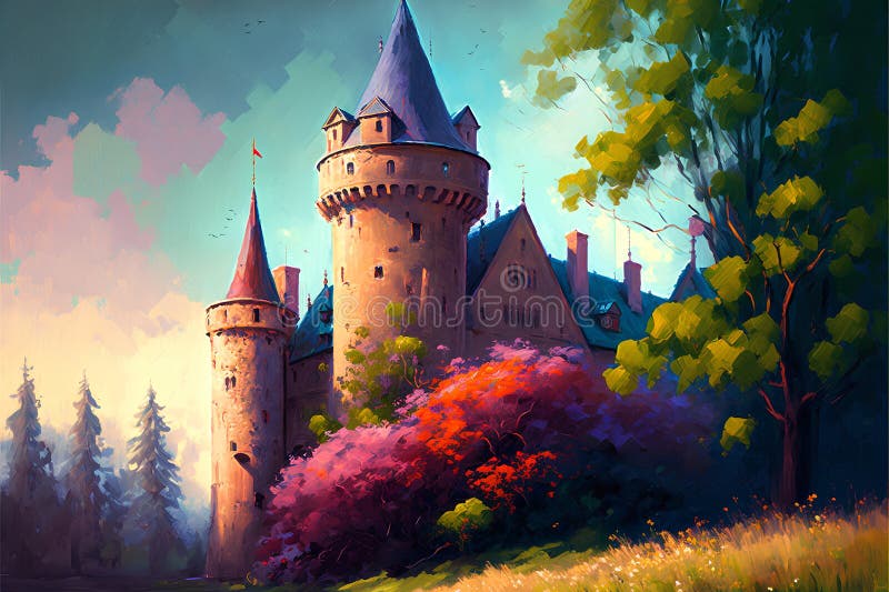Beautiful Medieval Castle in the Forest. Digital Painting. Illustration ...