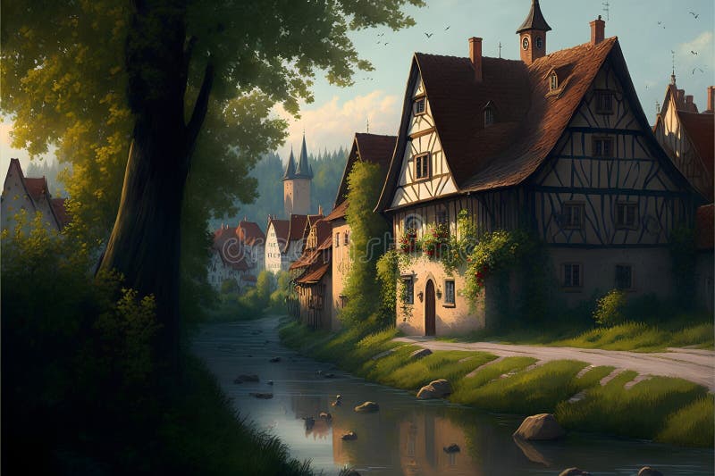 Beautiful Medieval Village in the Middle of the Forest. Illustration ...