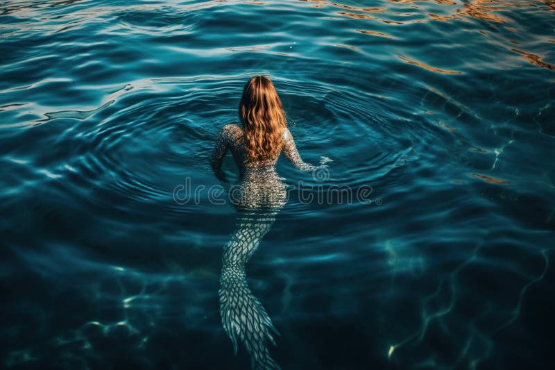 Beautiful Mermaid Swims in the Blue Sea Stock Illustration ...
