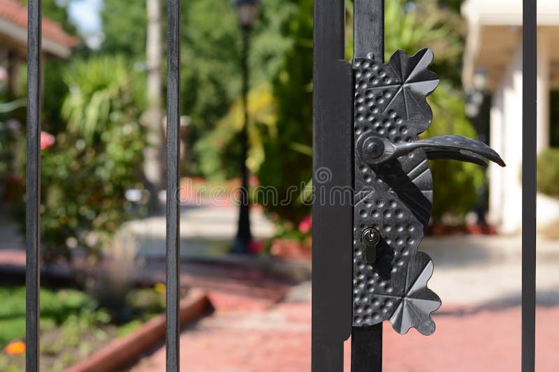 Beautiful Metal Gate Handle and Lock Outdoors on Sunny Day, Closeup ...
