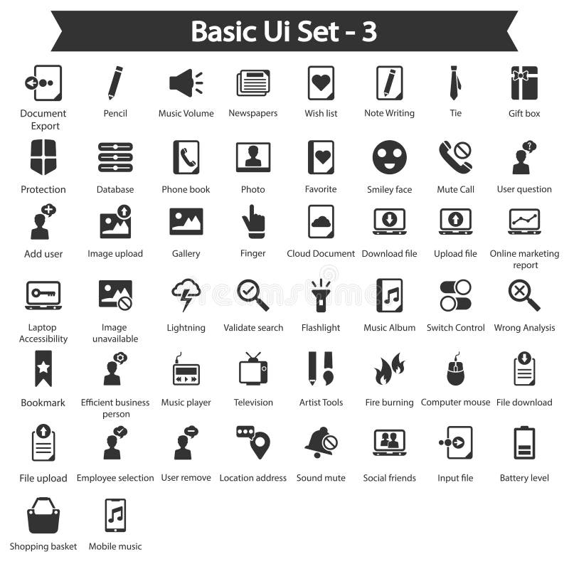Basic Ui Icon Set - Black Series Stock Vector - Illustration of fire ...