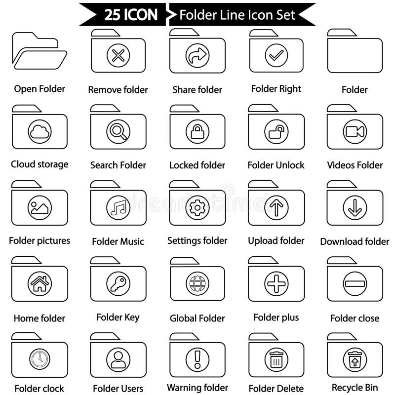 Folder Icon Set in Outline Style Stock Illustration - Illustration of ...