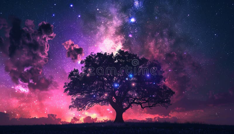 Beautiful Milky Way Galaxy on a Night Sky and Silhouette of Tree with ...