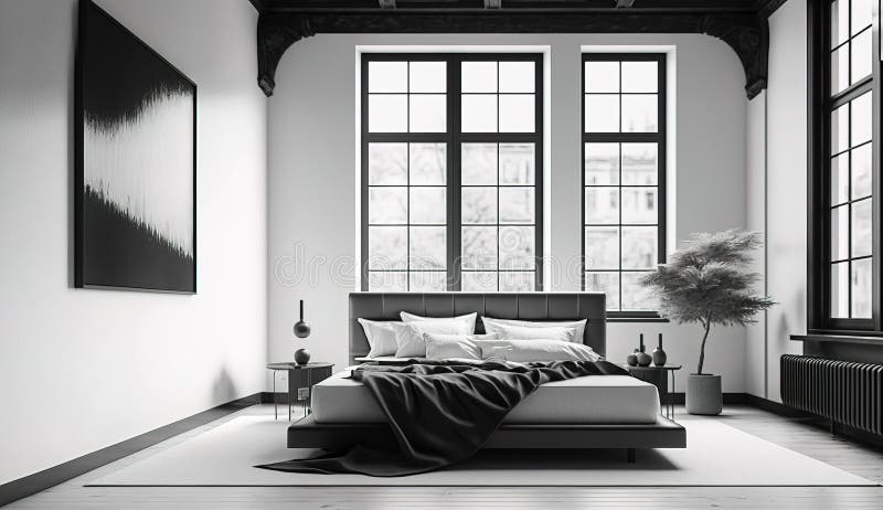 Beautiful Minimalist Bedroom Interior with a Platform Bed, Generative ...