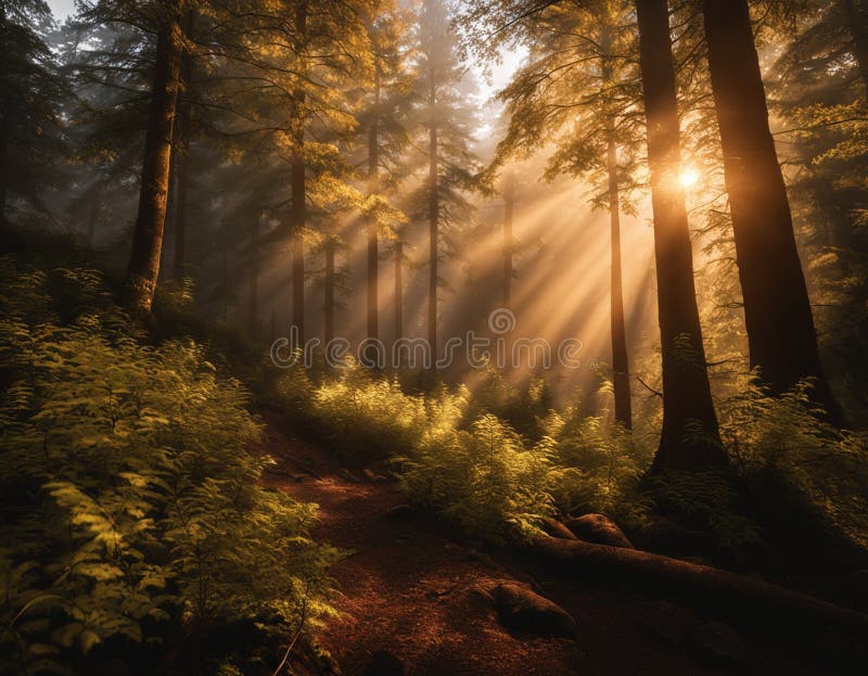 Beautiful Misty Forest in the Rays of the Rising Sun Stock Photo ...