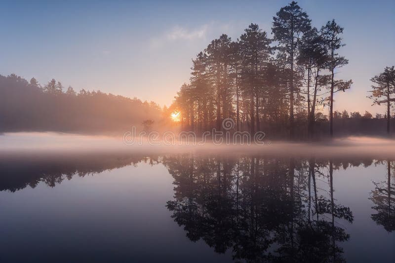 Beautiful Misty Forest Reflected in Water of Smooth Pond. Stock ...