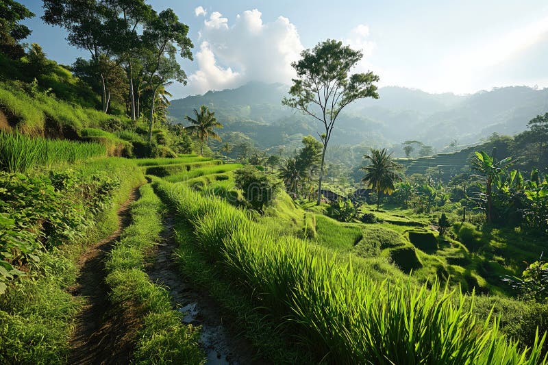 Beautiful Misty Valley with Terraced Fields Stock Illustration ...