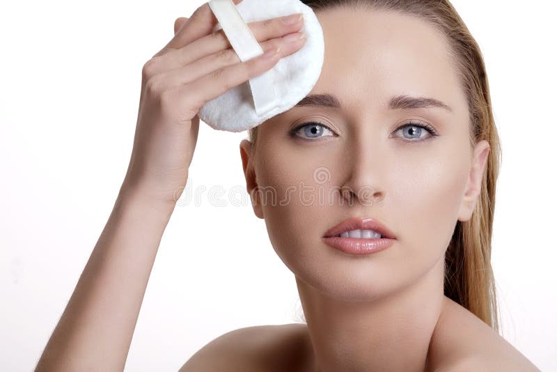 Beautiful Model Applying Powder on Her Face Stock Image - Image of ...