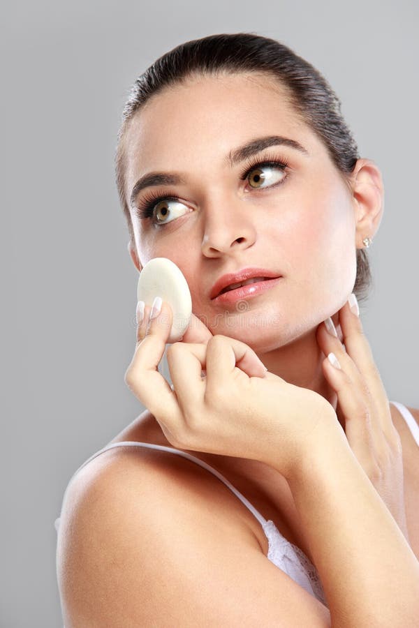 Beautiful Model Applying Some Powder Using Powder Puff Stock Photos ...