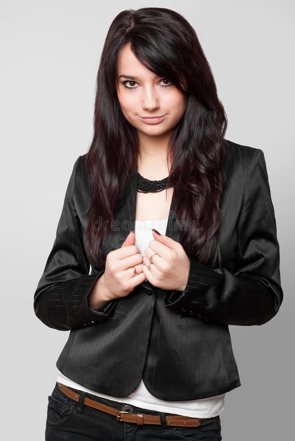 Beautiful Model in Red Dress on Grey Background Stock Photo - Image of ...