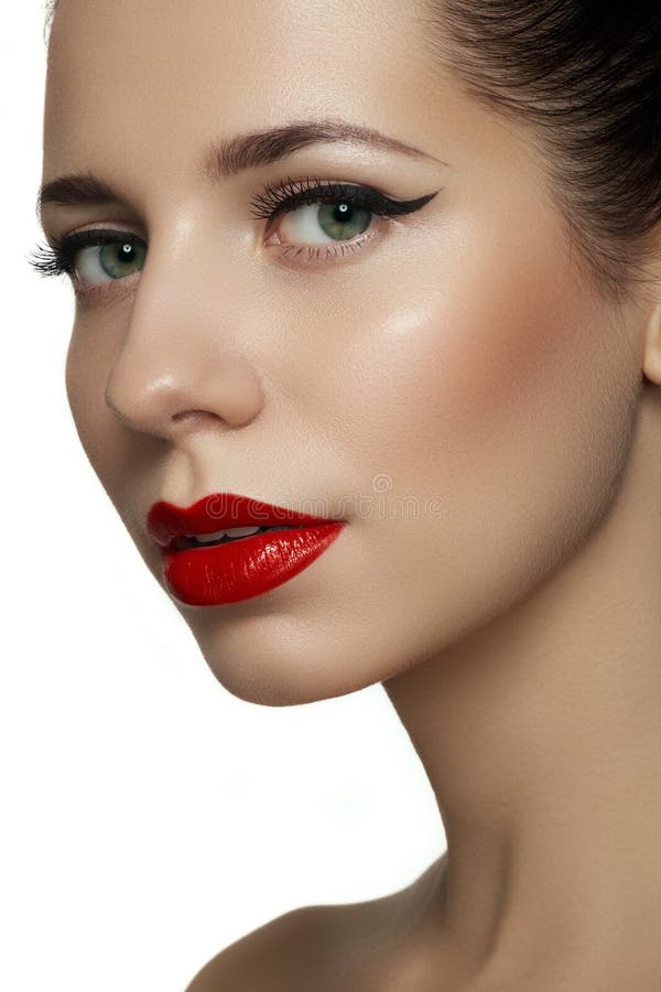 Beautiful Model with Bright Red Retro Lips Make-up Stock Image - Image ...