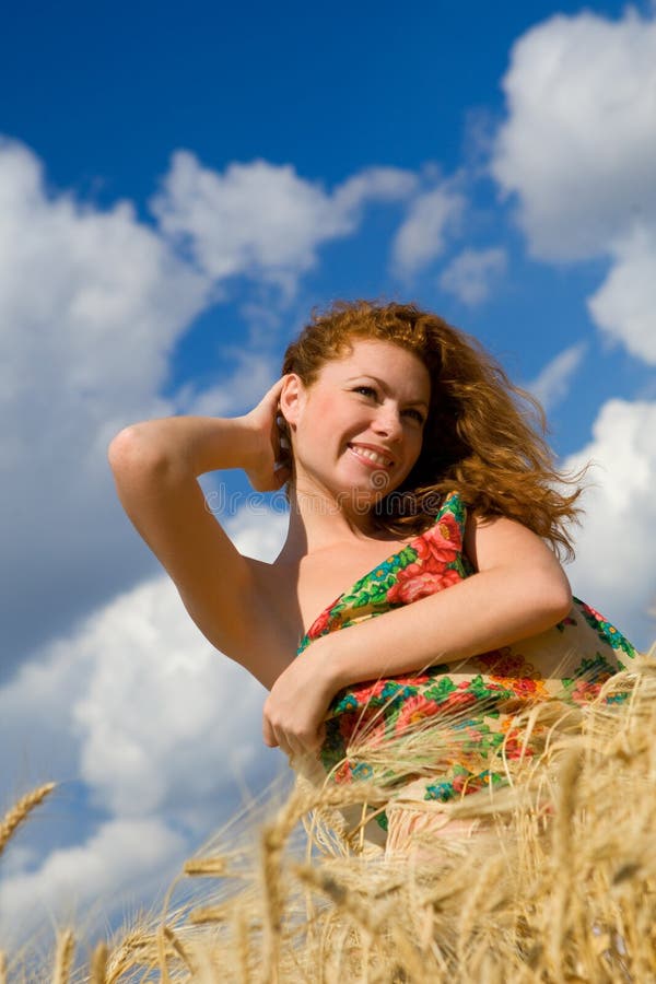 Beautiful Model In Golden Wheat Field Stock Photo - Image of blue, girl ...