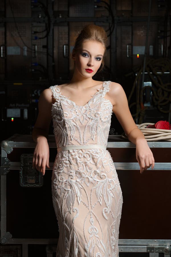 Beautiful Model in Lace Fitted Dress Posing Stock Photo - Image of ...