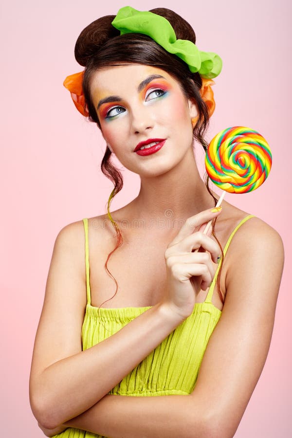 Colorful Fashion Model with Lollipop Stock Image - Image of looking ...
