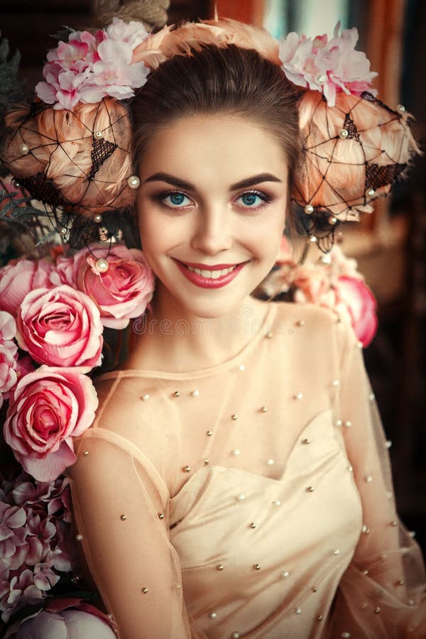 Beautiful Model is Posing with Creative Makeup and Flowers Stock Image ...