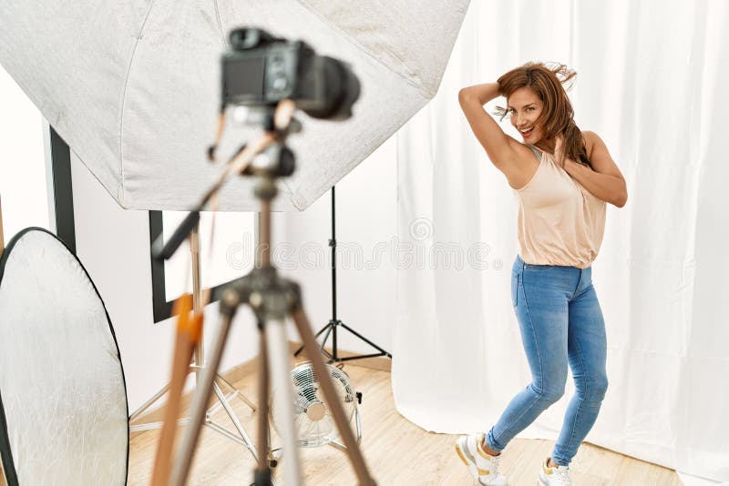 Beautiful Model Posing Front Professional Camera at Studio Stock Photo ...