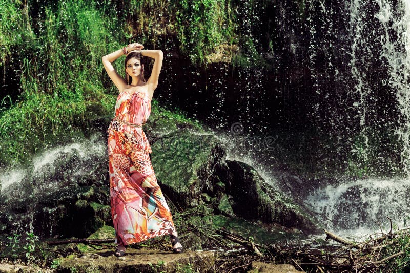 Beautiful Model Posing in Front of a Waterfall Stock Image - Image of ...