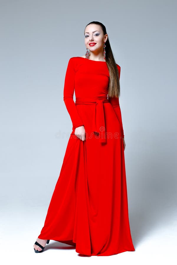 Beautiful Model in Red Dress Stock Image - Image of studio, elegance ...