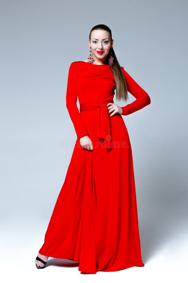 Beautiful Model in Red Dress Stock Photo - Image of elegance, standing ...