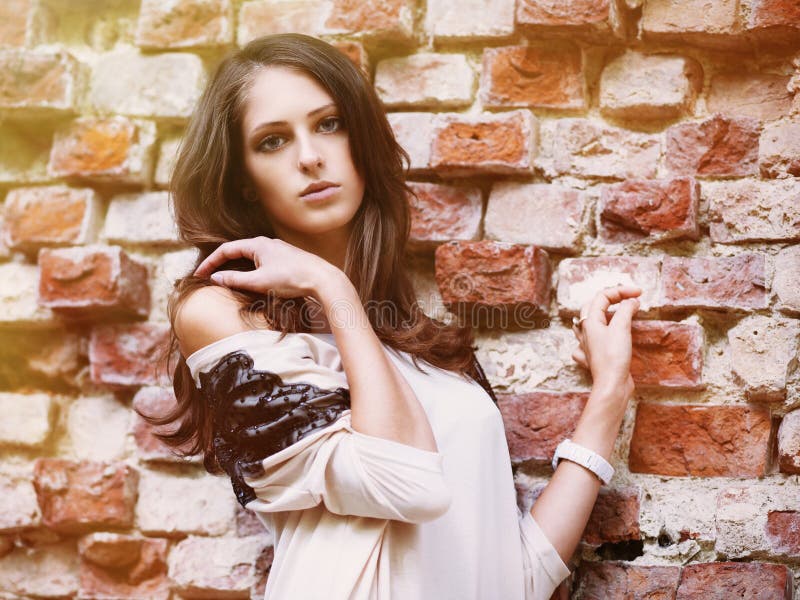 Beautiful Model Standing Near Old Brick Wall Stock Image - Image of ...