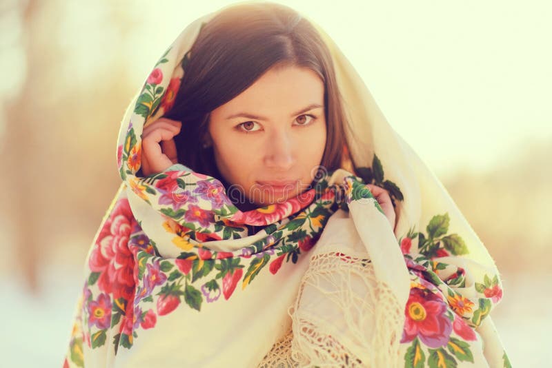 Beautiful Model in a Traditional Russian Scarf Stock Photo - Image of ...