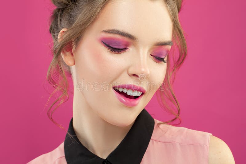 Beautiful Model Woman Face Close Up on Pink Stock Image - Image of ...