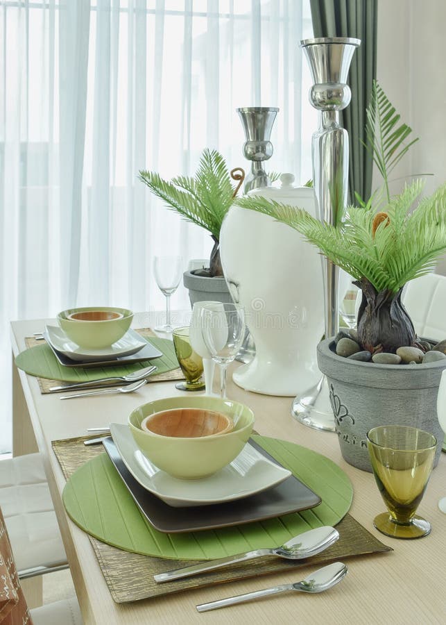 Beautiful Modern Ceramic Tableware in Green Color Scheme Setting Stock ...