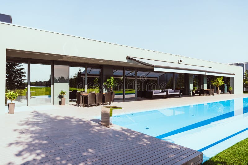 Beautiful Modern Cottage with Outdoors Swimming Pool Under Clear Stock ...