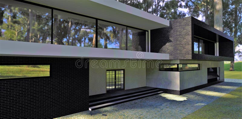 Beautiful Modern High-tech House. the Windows Reflect the Ancient Dark ...