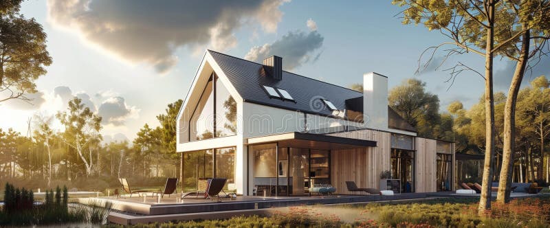 A Beautiful Modern House with Large Windows and a Terrace, Nestled in a ...