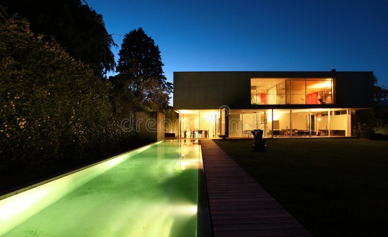 Beautiful Modern House Outdoors at Night Stock Photo - Image of ...