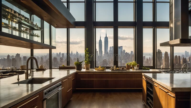 Beautiful Modern Kitchen with Panoramic Windows Luxurious New York ...