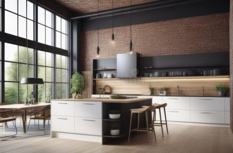 Beautiful Modern Kitchen Room Interior in Loft Style Stock Illustration ...