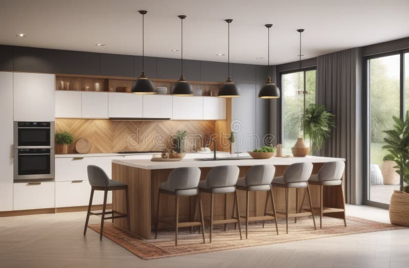 Beautiful Modern Kitchen Room Interior in Loft Wood Style Stock ...