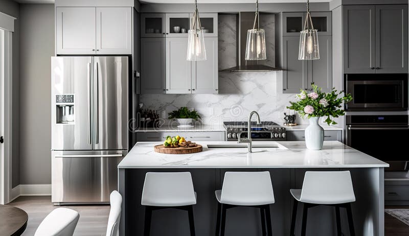 Beautiful Modern Kitchen with White Marble Countertops, Generative AI ...