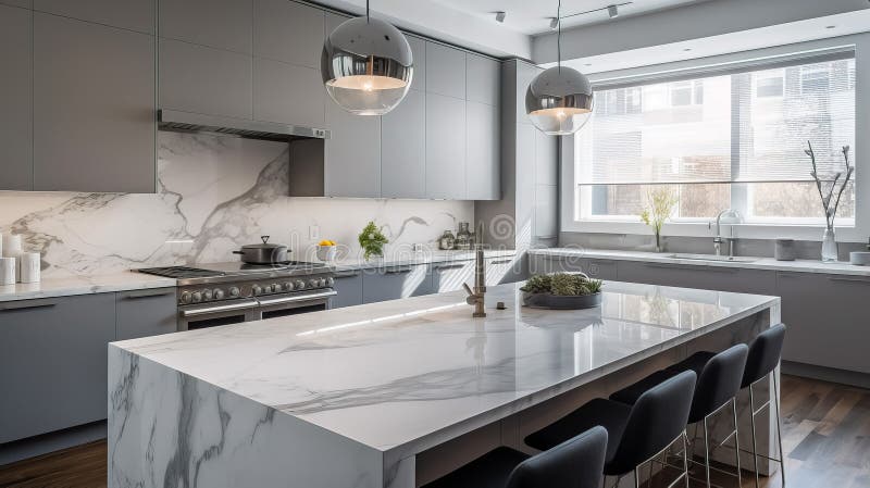 Beautiful Modern Kitchen with White Marble Countertops, Generative AI ...