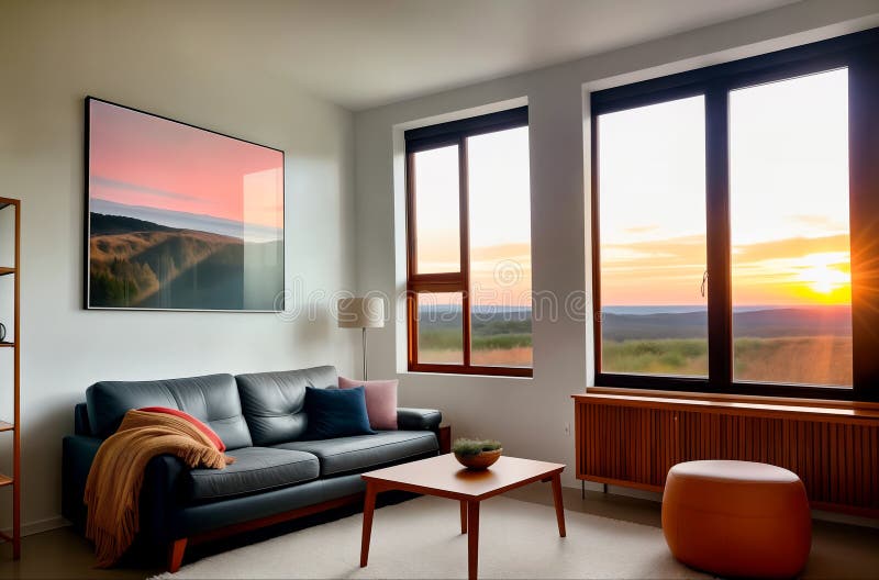 Beautiful Modern Living Room Interior at Sunset through Large Panoramic ...