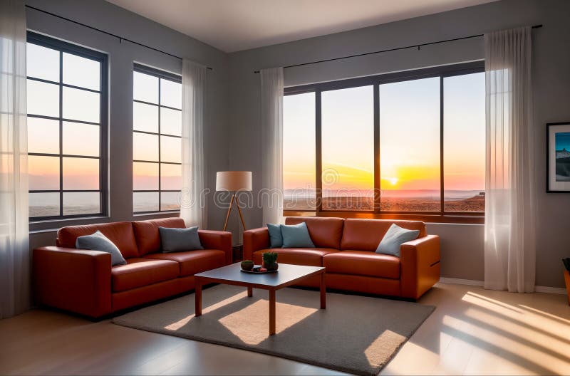 Beautiful Modern Living Room Interior at Sunset through Large Panoramic ...