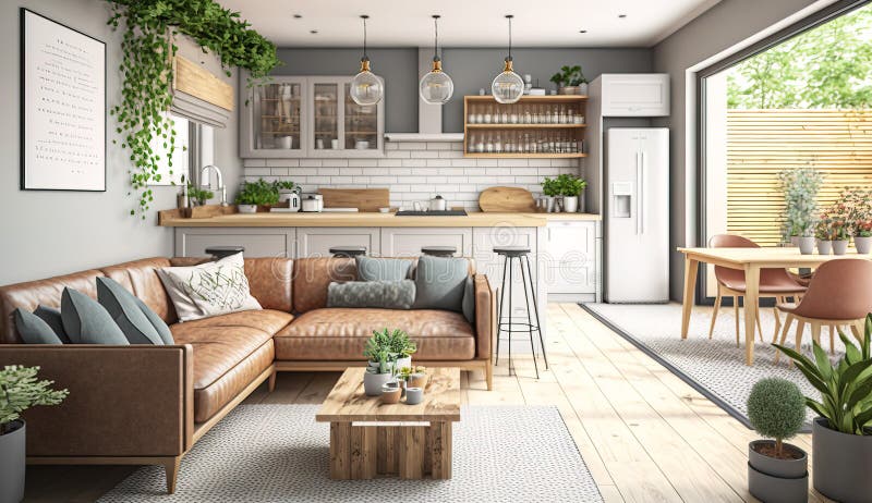 Beautiful Modern Living Room with Beautiful Kitchen. Generative AI ...