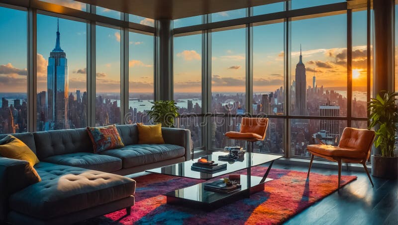 Beautiful Modern Living Room with Panoramic Windows Overlooking New ...