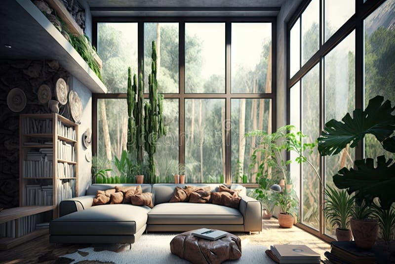 Beautiful Modern Room with Panoramic Windows and Jungle Interior Design ...
