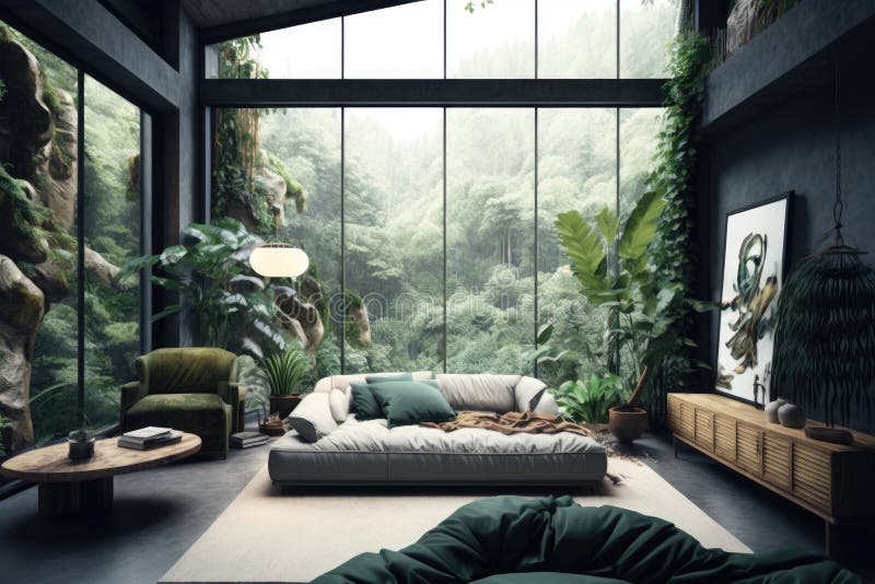 Beautiful Modern Room with Panoramic Windows and Jungle Interior Design ...