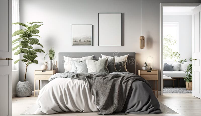 Beautiful Modern Scandinavian Style Bedroom, Generative AI Stock ...