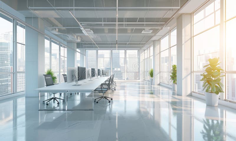 A Beautiful Modern Spacious Office Hall with Panoramic Windows and a ...