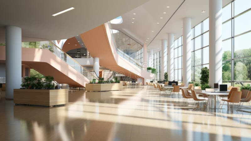 A Beautiful Modern Spacious Office Hall with Panoramic Windows and a ...