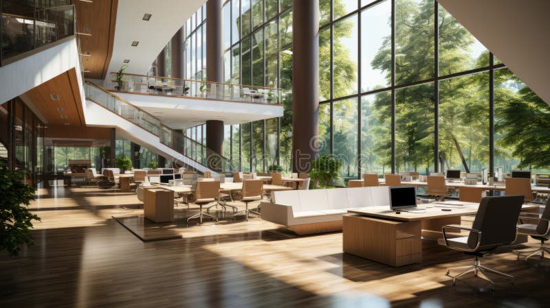 A Beautiful Modern Spacious Office Hall with Panoramic Windows and a ...