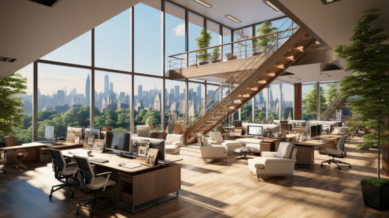 A Beautiful Modern Spacious Office Hall with Panoramic Windows and a ...