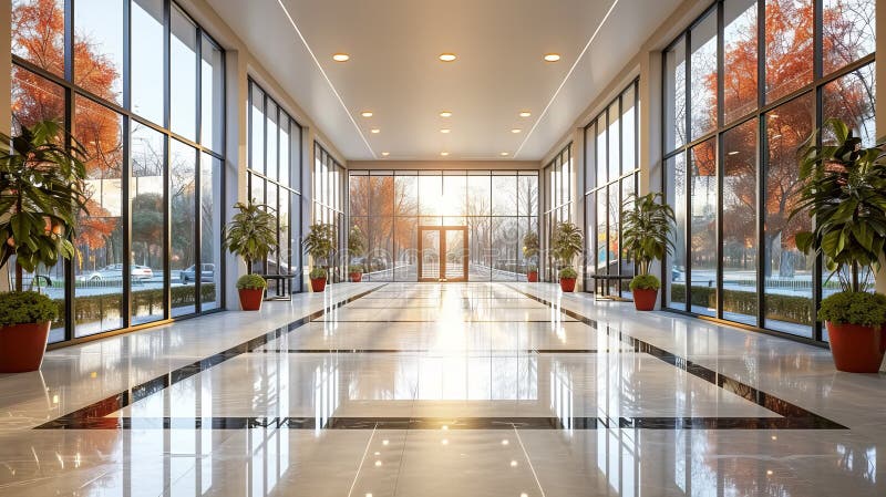 A Beautiful Modern Spacious Office Hall with Panoramic Windows and a ...